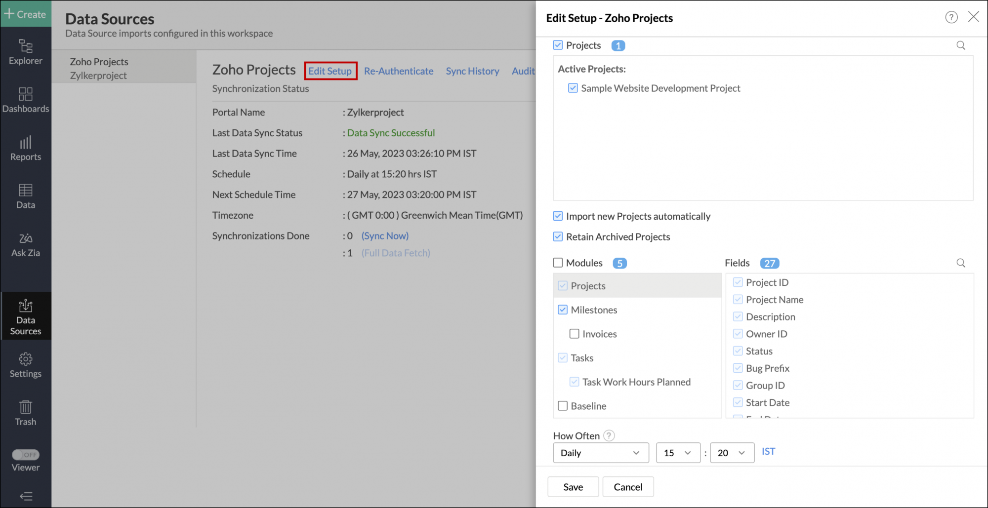 Zoho Projects Integration Analytics Plus Cloud