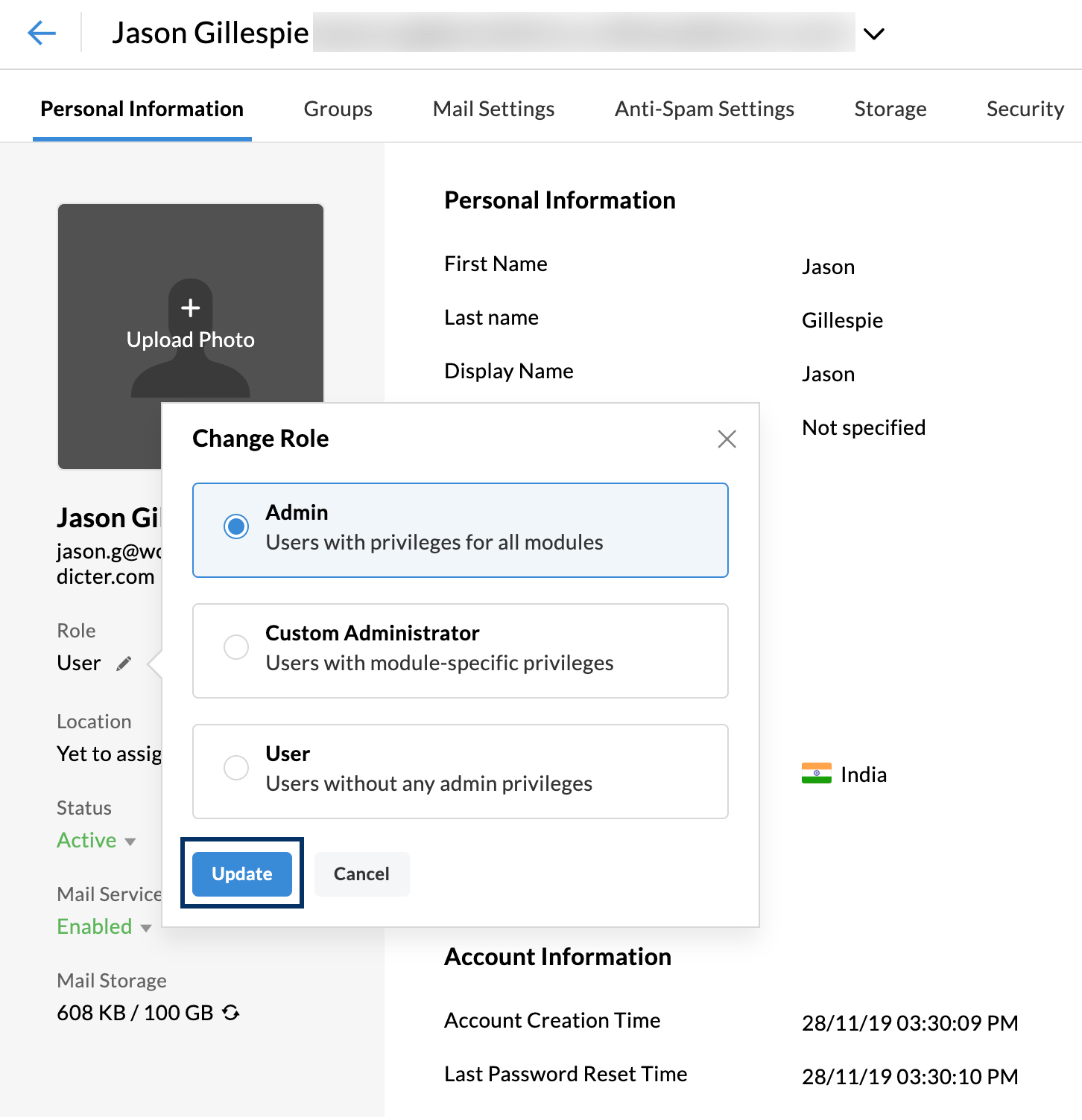 Roles and Privileges - Zoho Mail Admin Console
