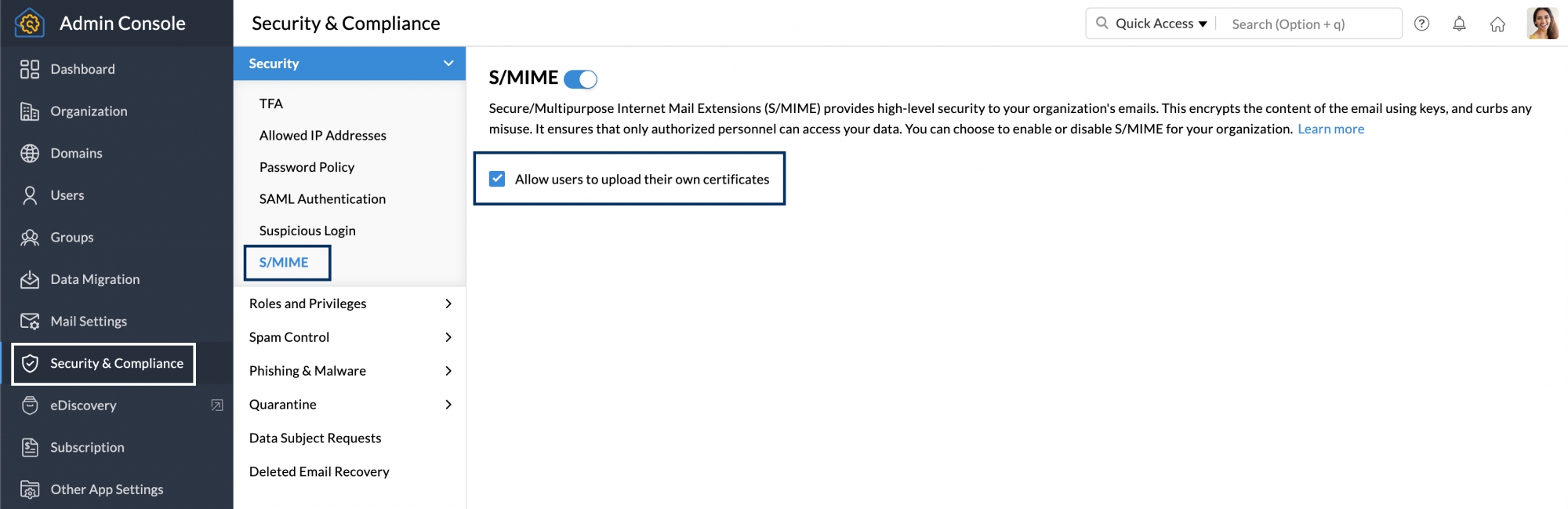 Organization Security - Zoho Mail Admin Console
