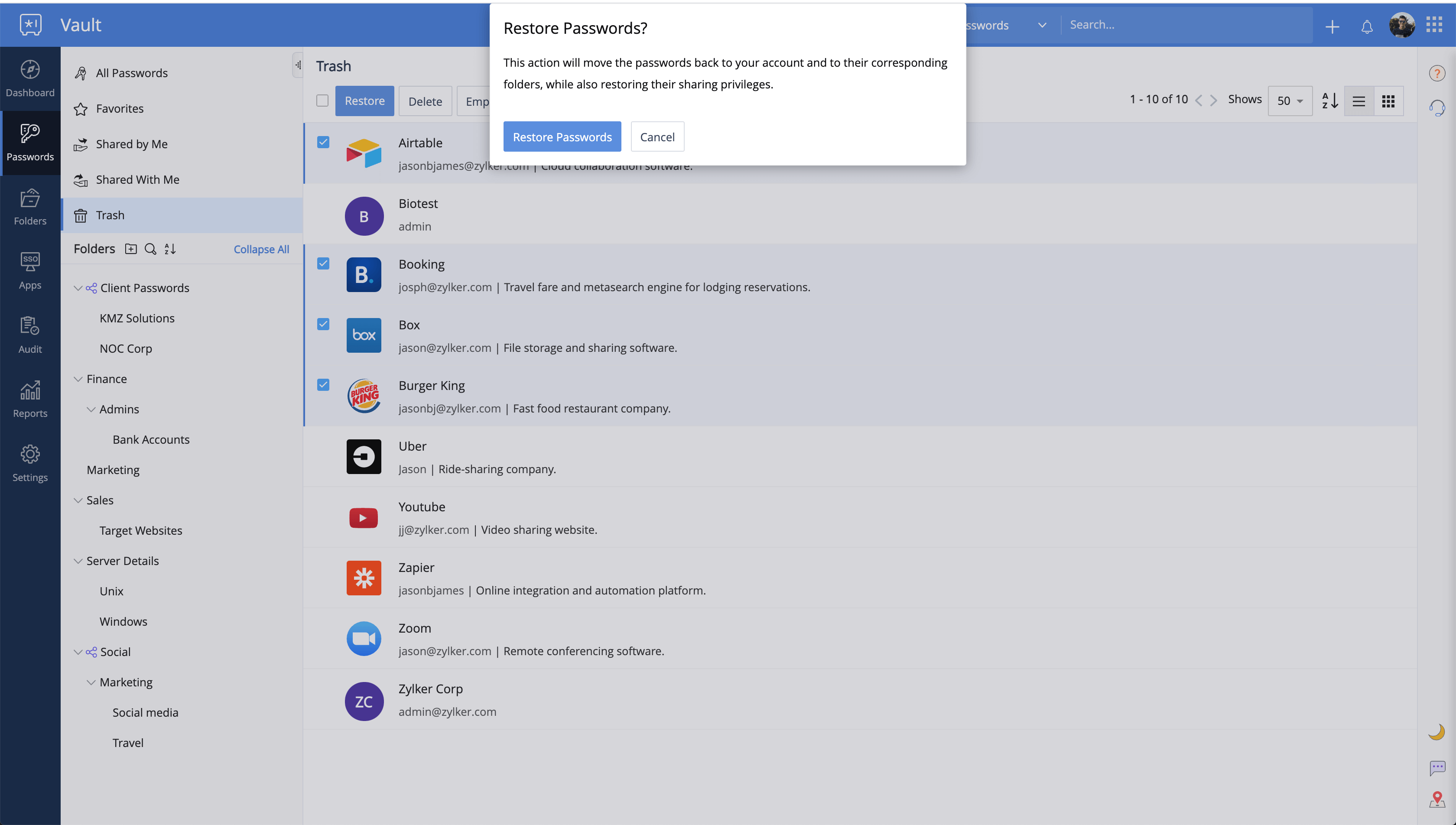 Soft-delete passwords to trash | Zoho Vault