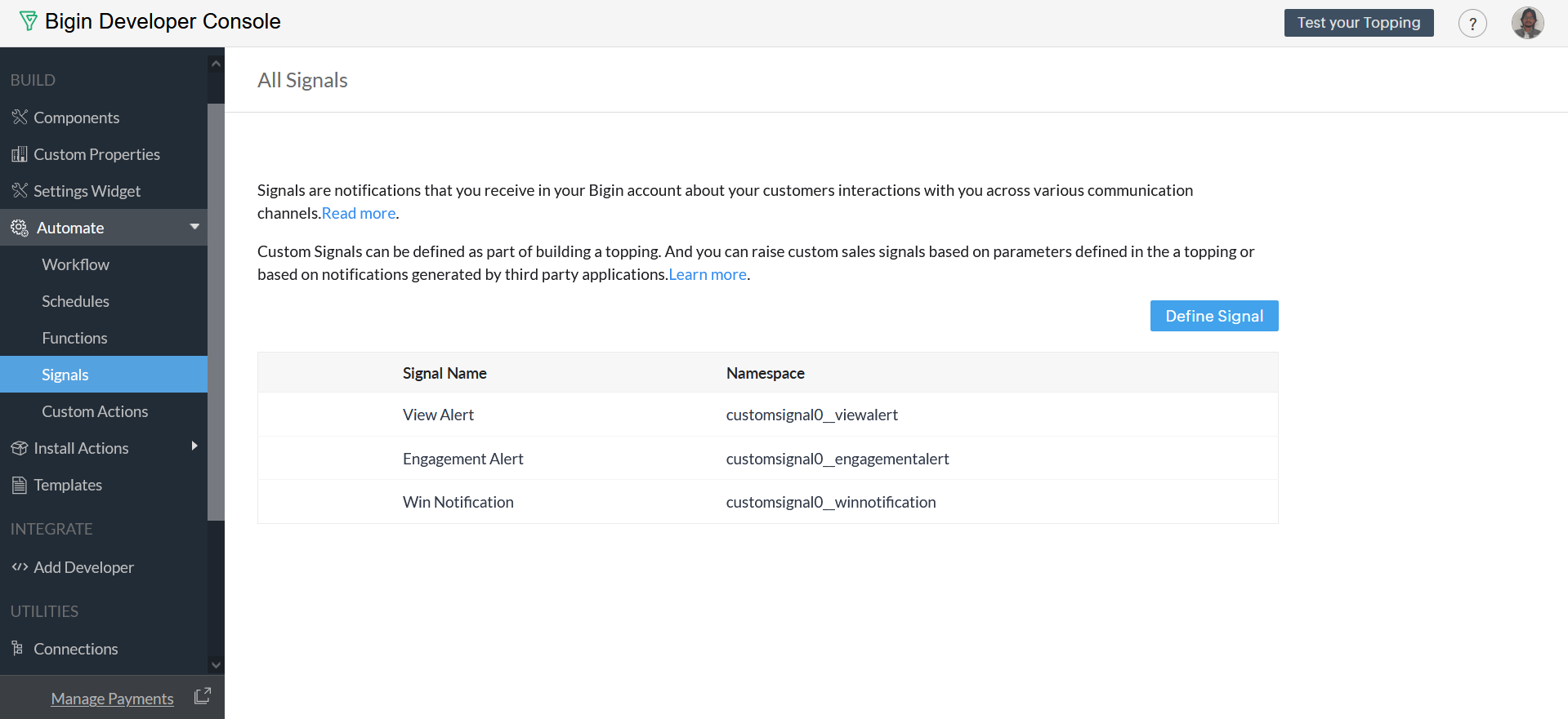 Signals | Online Help - Bigin
