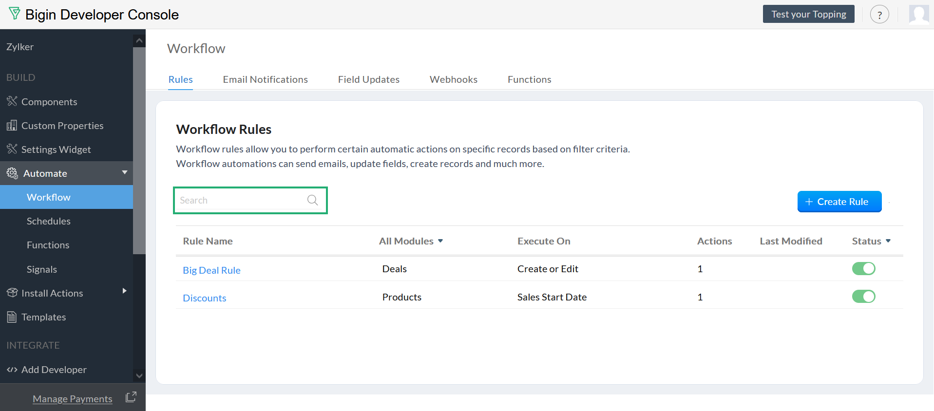 Workflow Rules | Online Help - Bigin