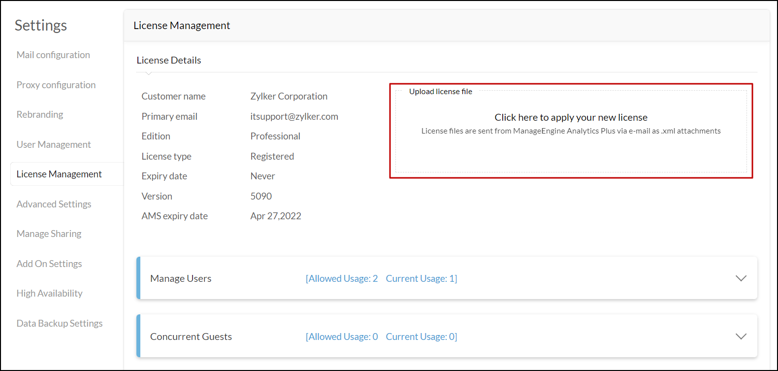 Manage Settings | Zoho Analytics On-Premise