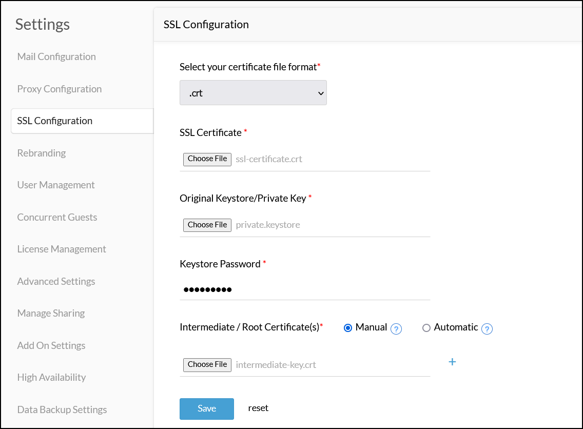 Manage Settings | Zoho Analytics On-Premise