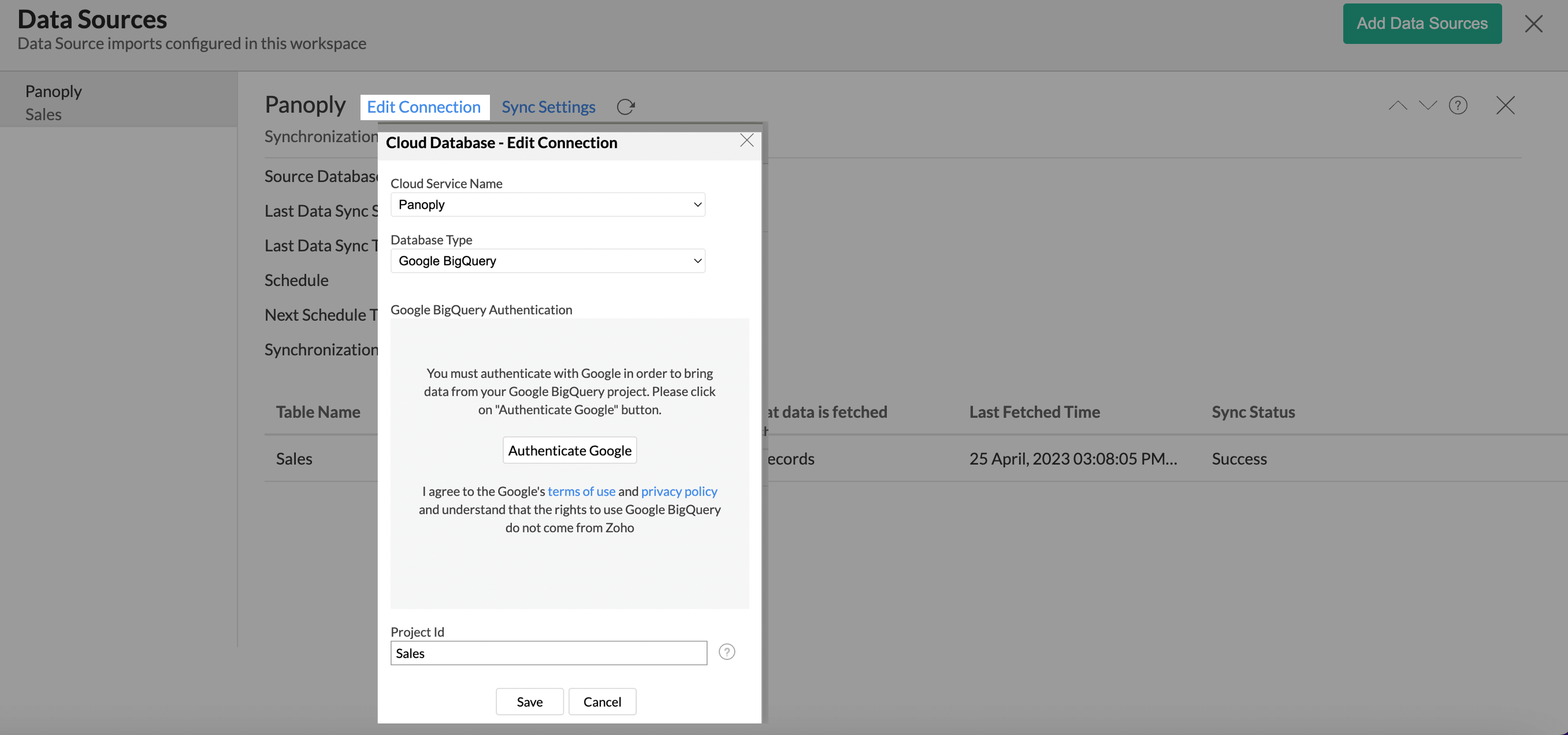Import Data from Panoply Google BigQuery l Zoho Analytics Help