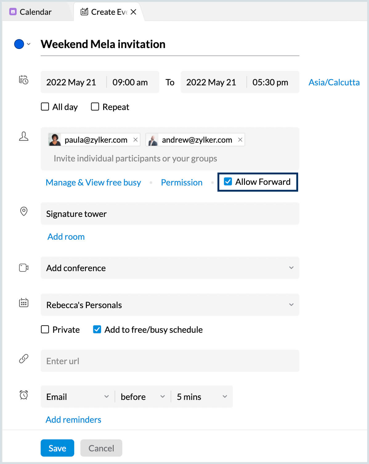 Forward event invites through email | Zoho Calendar