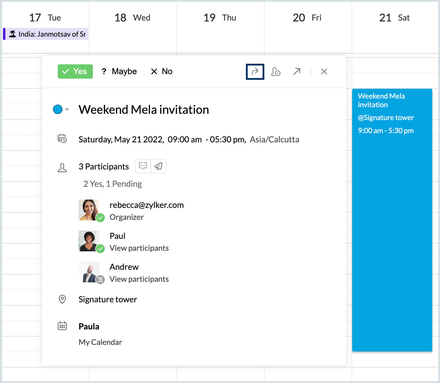 Forward event invites through email | Zoho Calendar