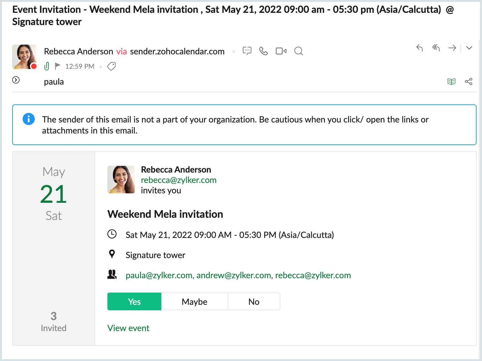 Forward event invites through email | Zoho Calendar