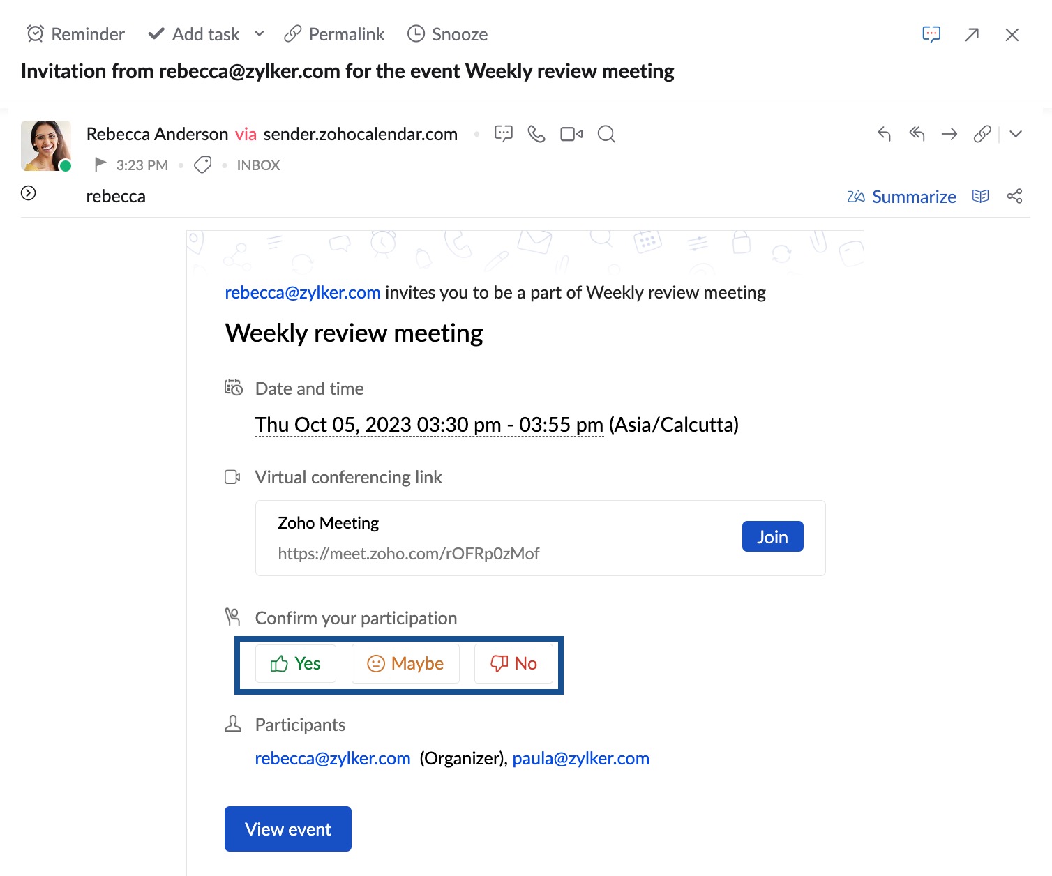 Forward event invites through email | Zoho Calendar