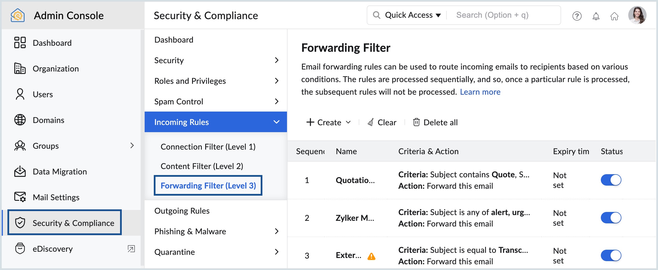 Email Forwarding Rules | Zoho Mail Admin Console