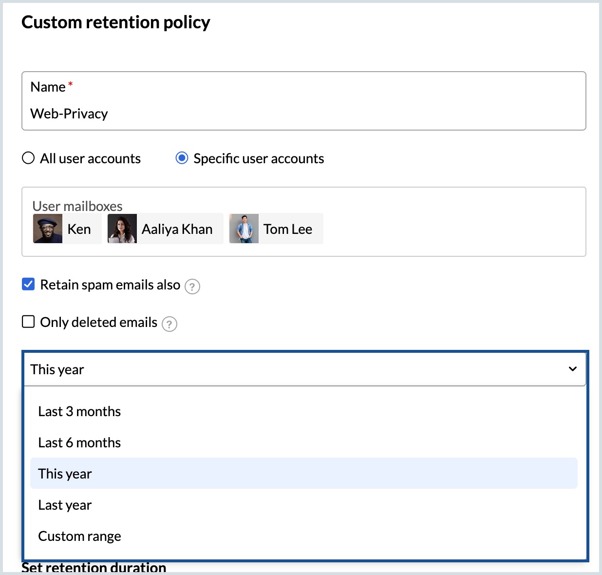 Enable eDiscovery & configure email retention | Zoho Mail