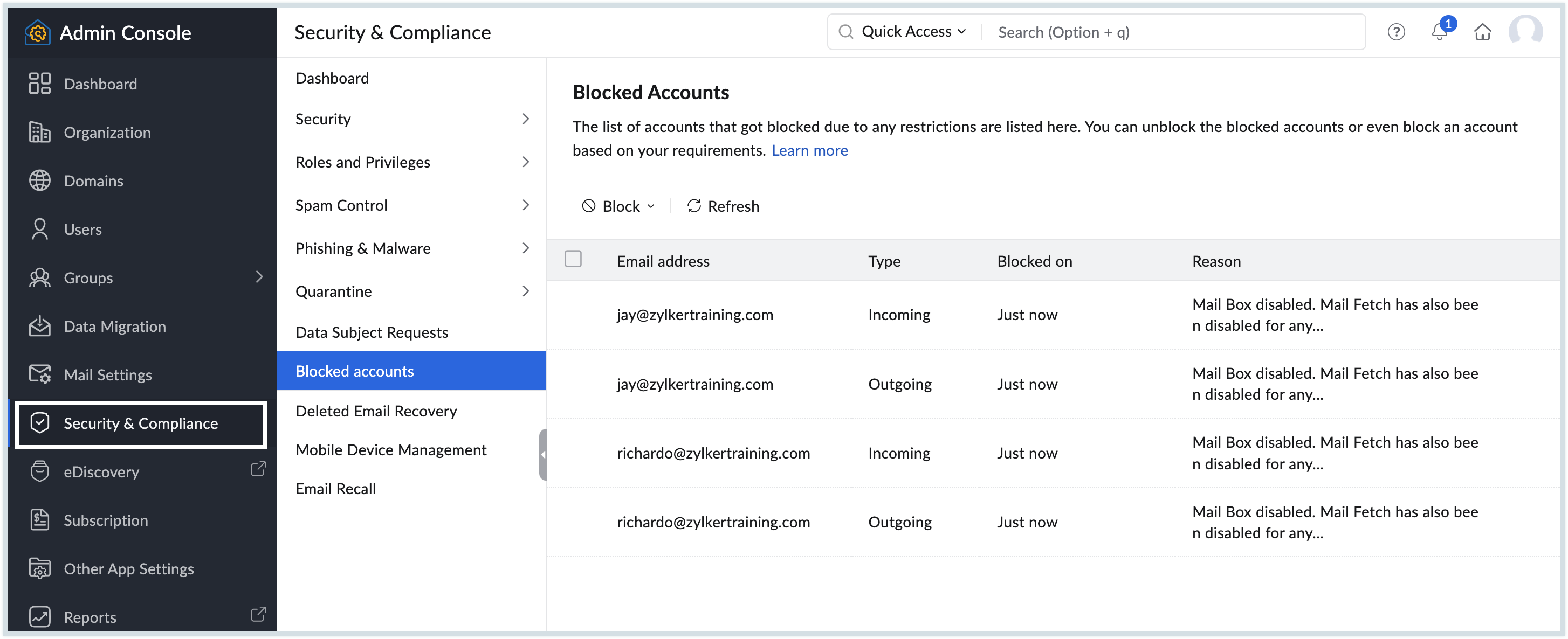 Blocked Accounts | Zoho Mail