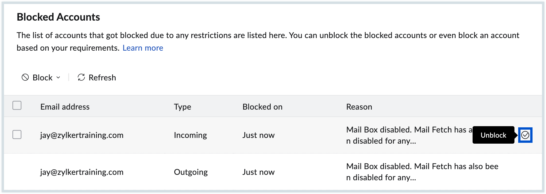 Blocked Accounts | Zoho Mail