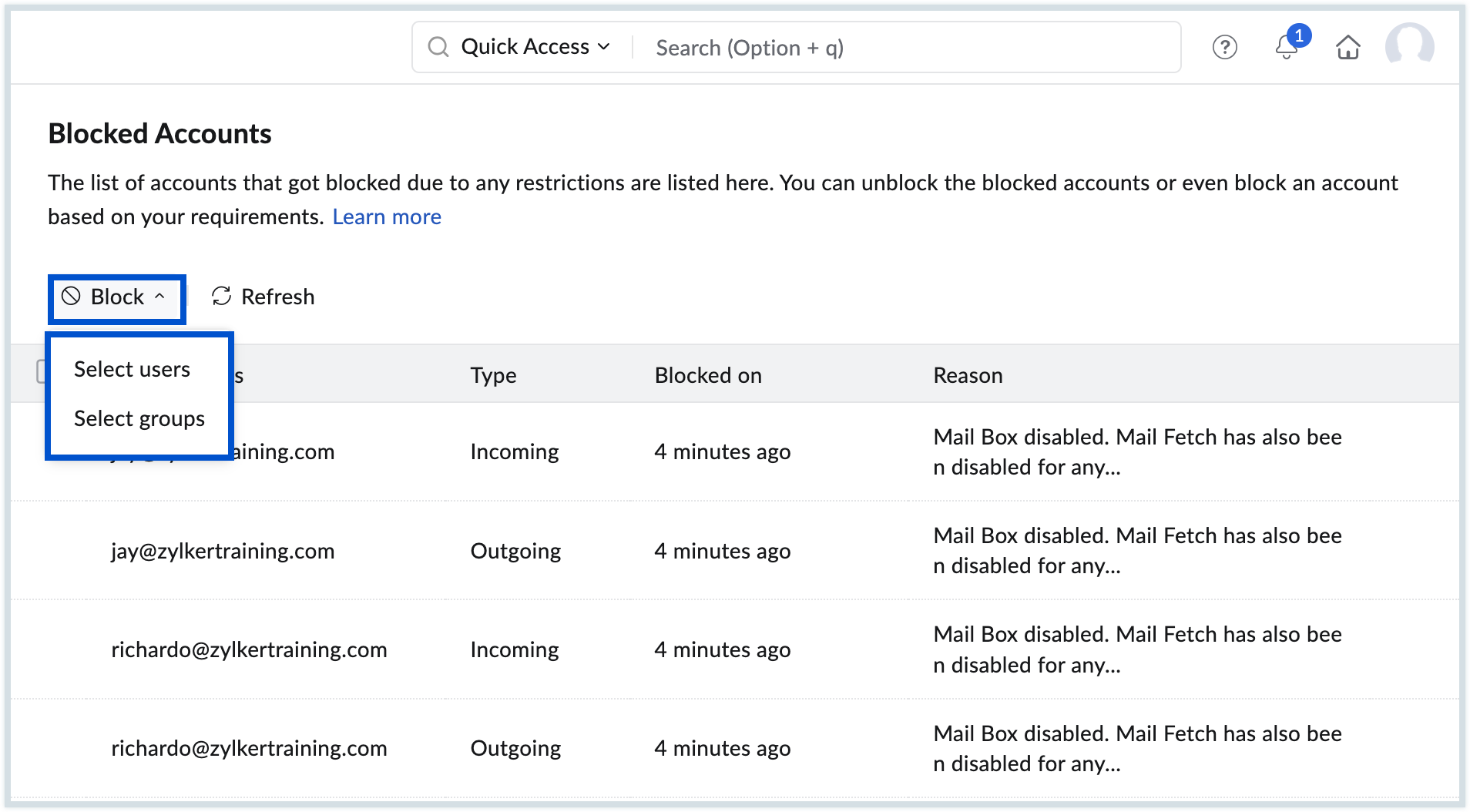 Blocked Accounts | Zoho Mail
