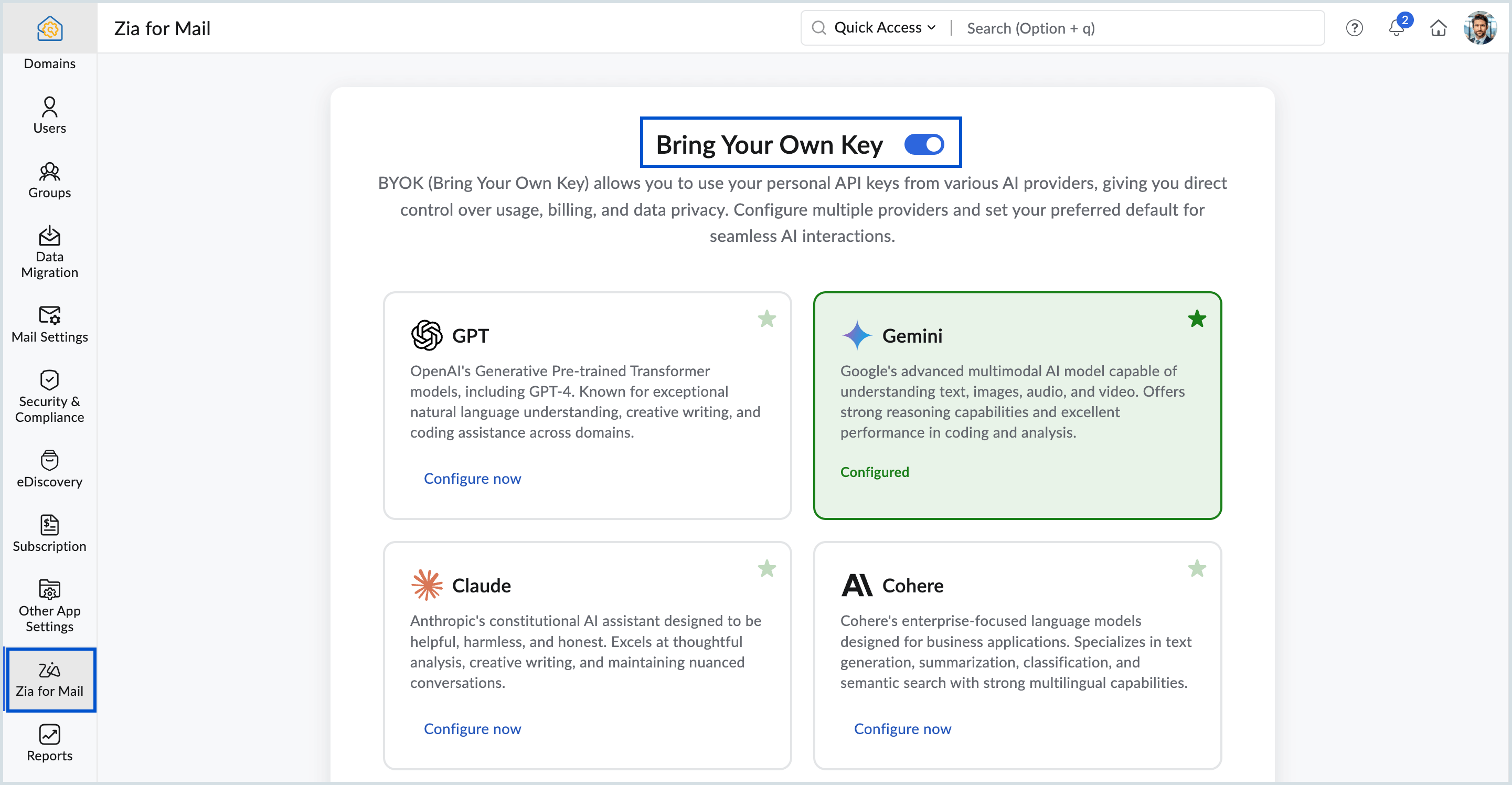 Admin Console - Bring Your Own Key for third party AI integration ...