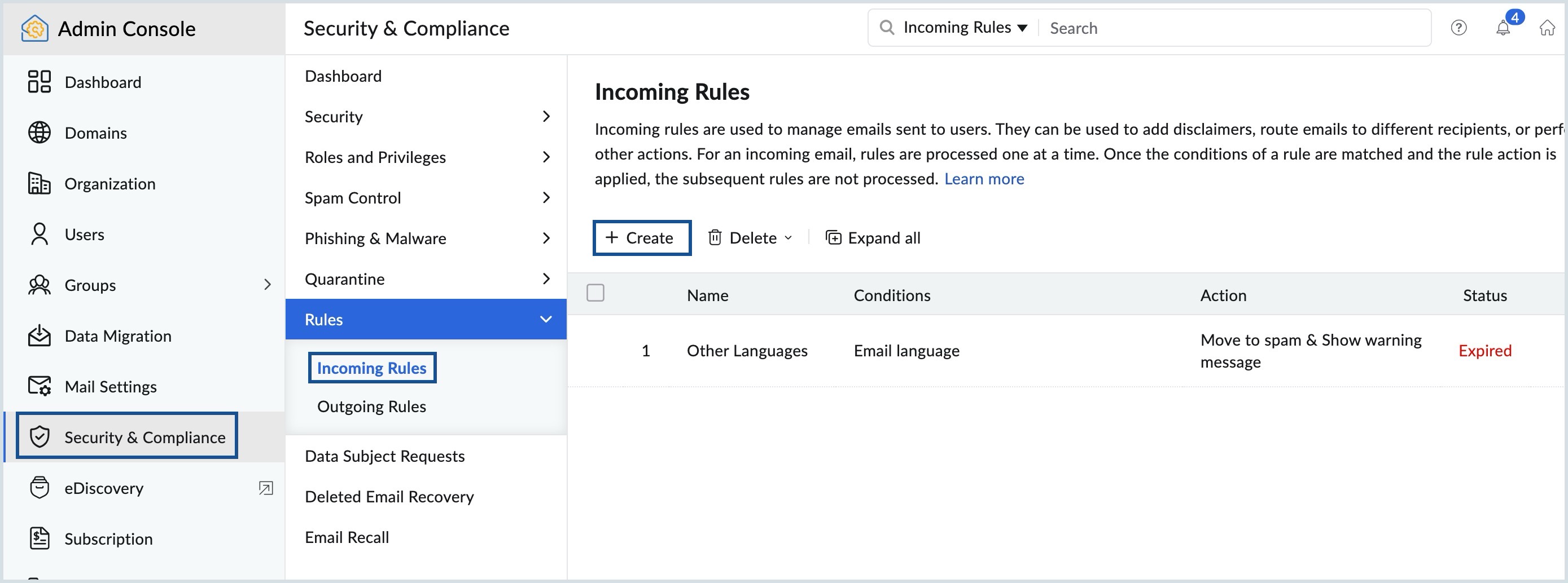 Incoming Rules | Zoho Mail Admin Console