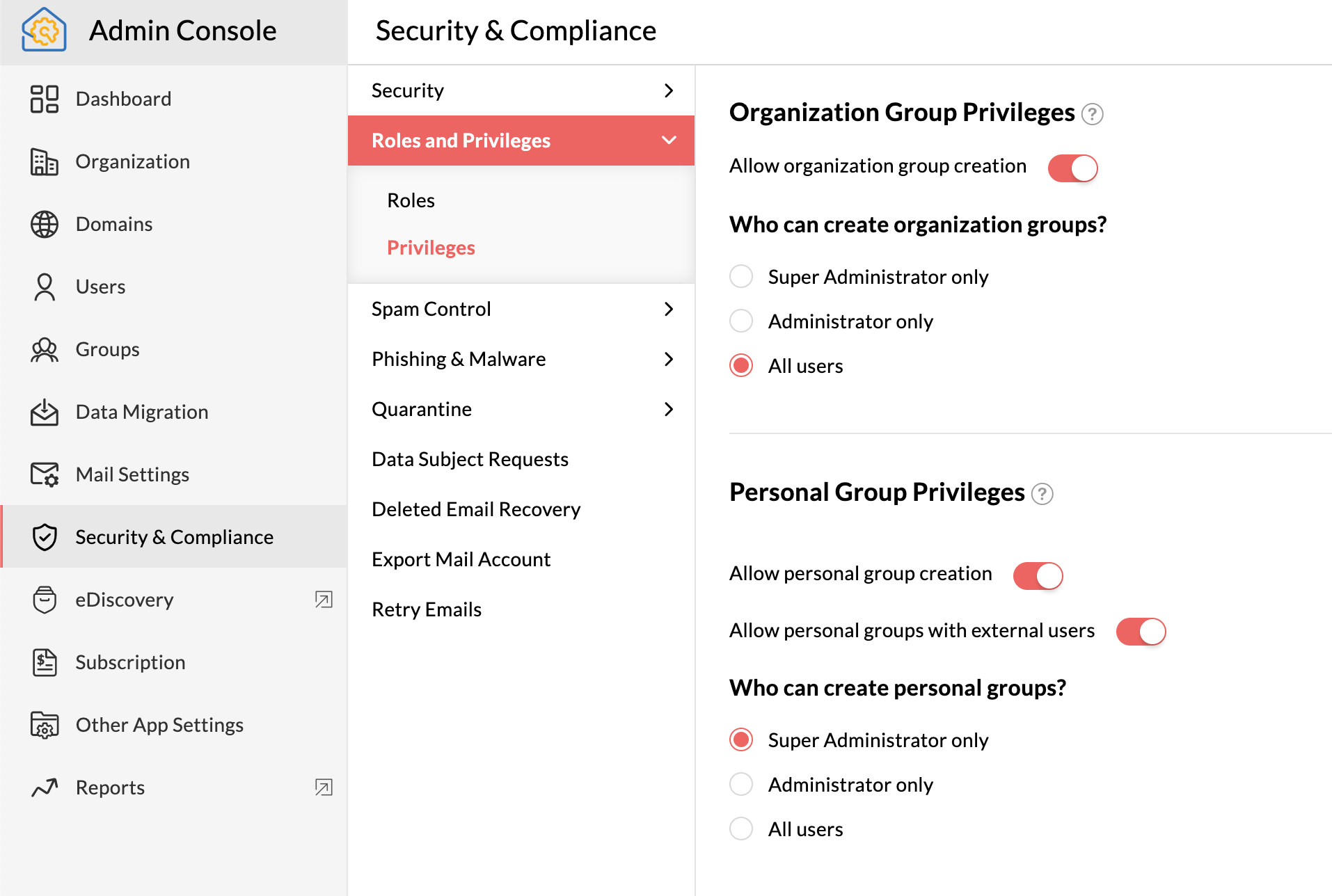 Roles and Privileges - Zoho Mail Admin Console