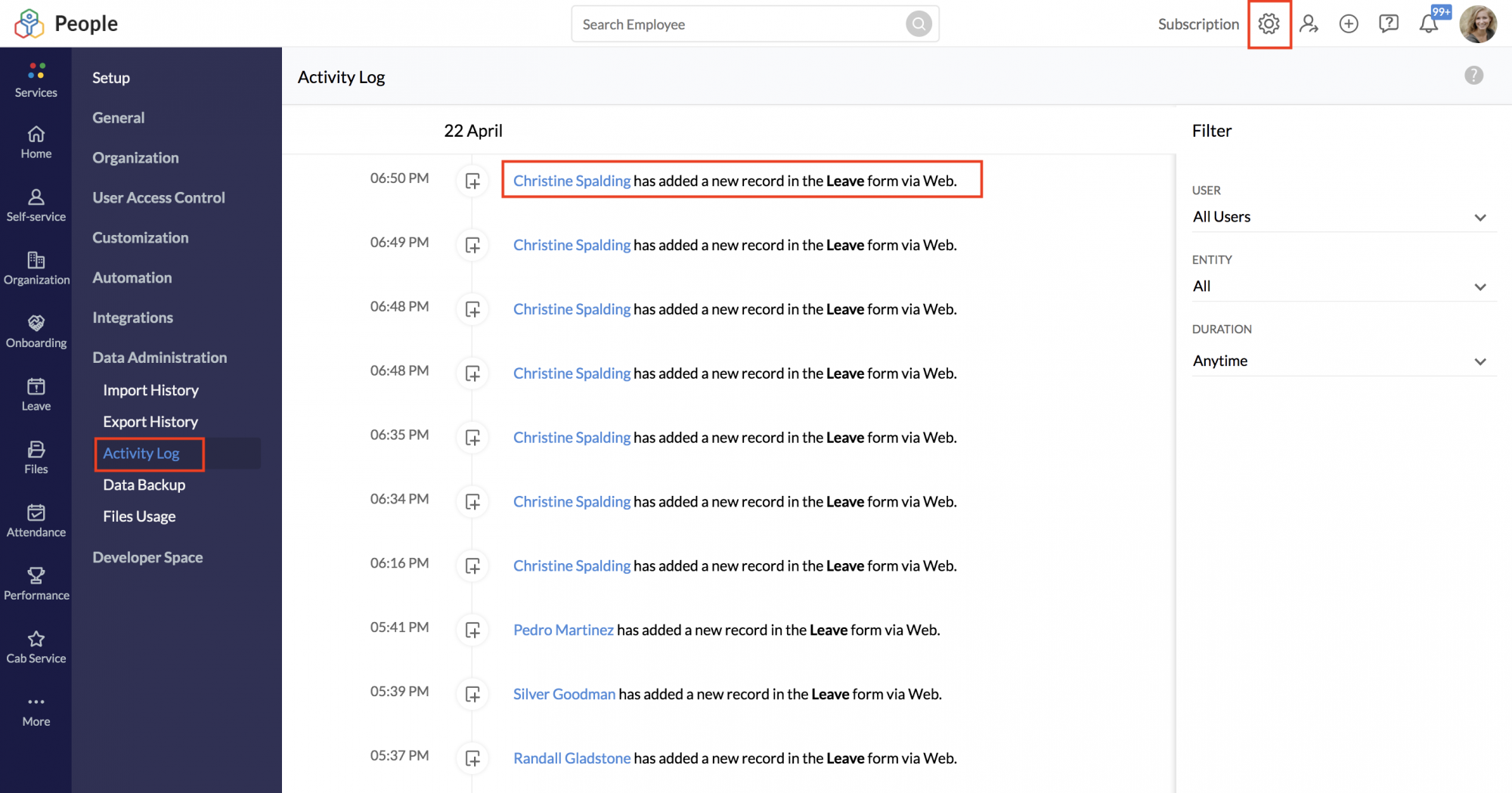 Activity Log Zoho People