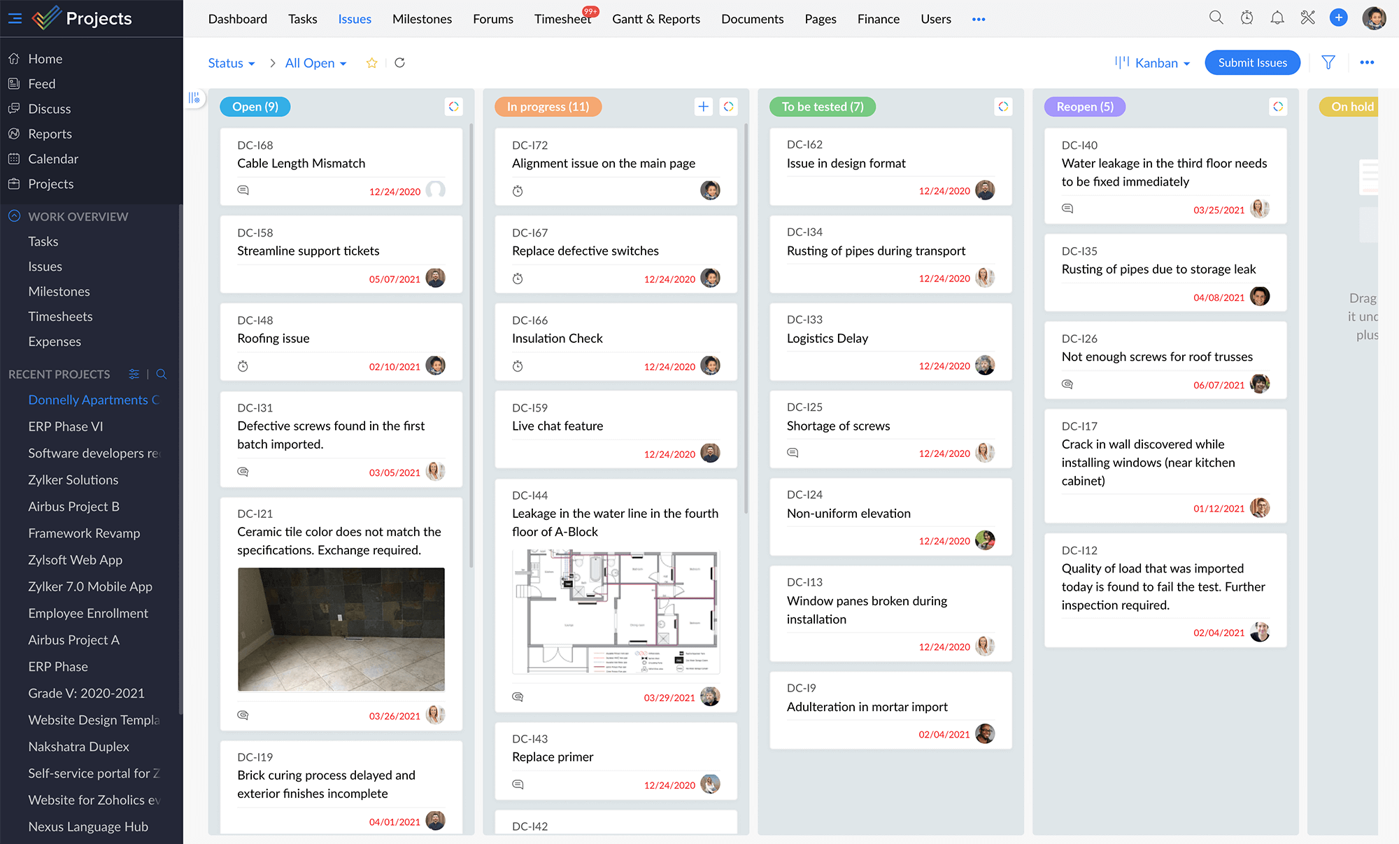 Visualiza o Kanban Dos Problemas Zoho Projects