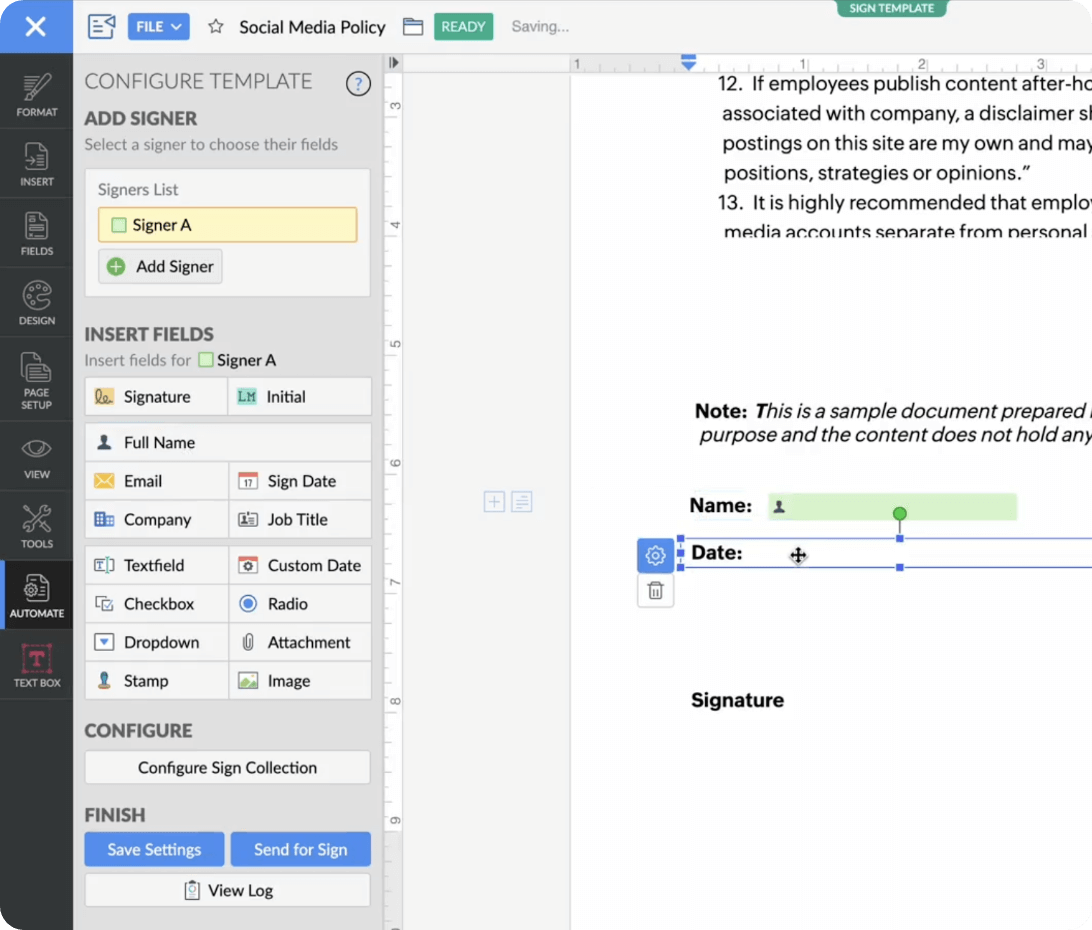 Zoho Sign integration for Zoho Writer