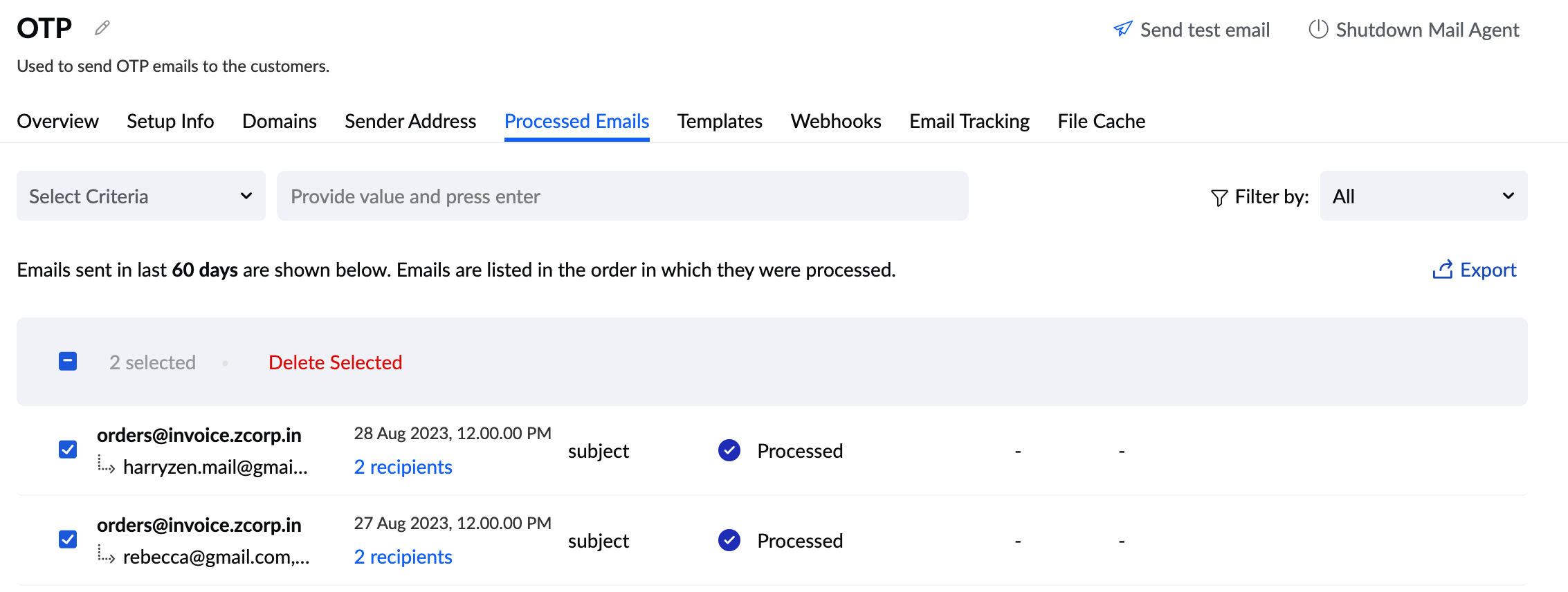 Processed Emails | Triggered Email Logs | Zoho ZeptoMail