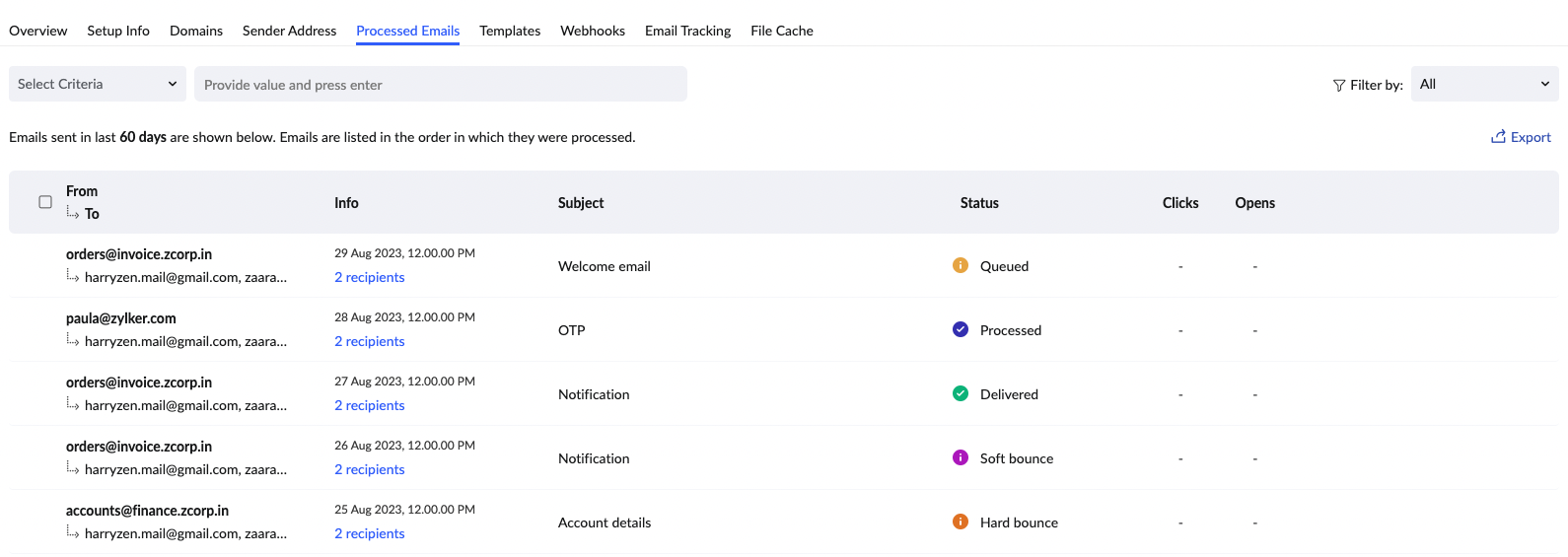 Processed Emails | Triggered Email Logs | Zoho ZeptoMail