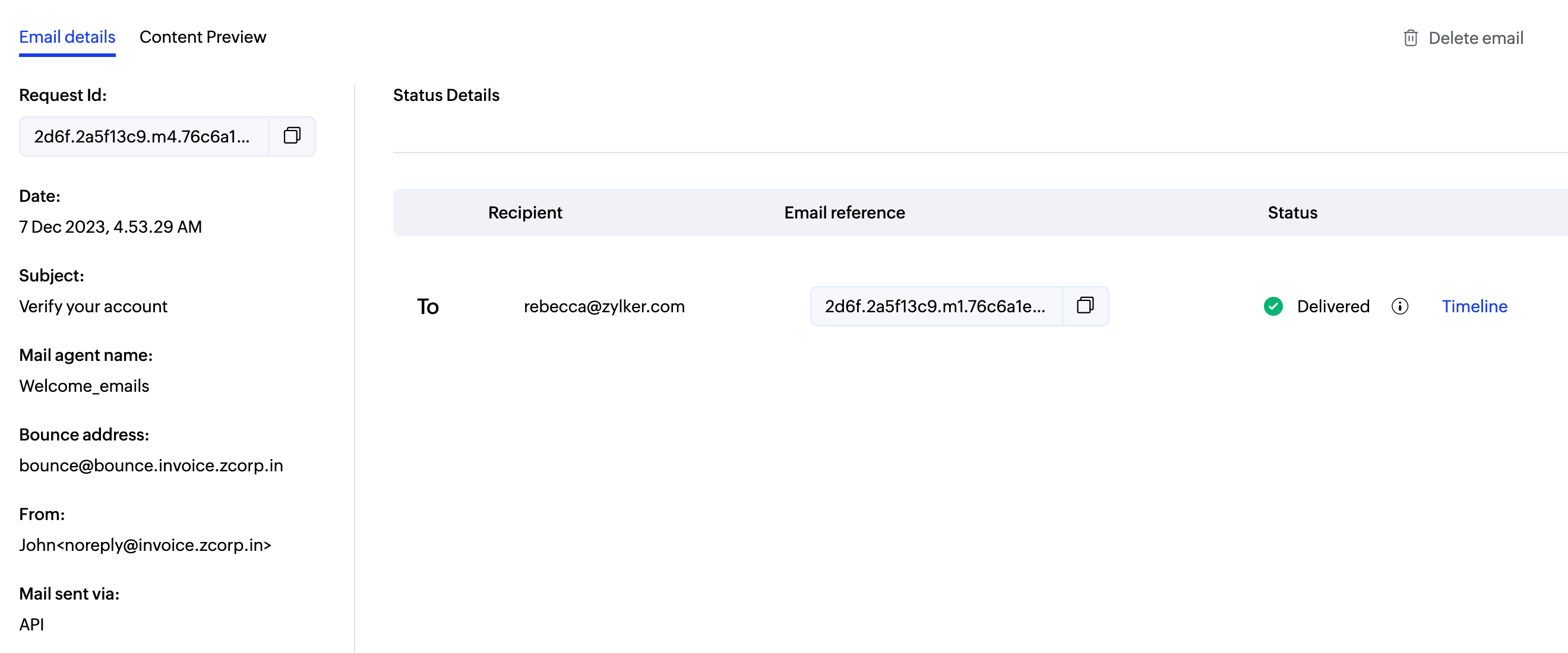 Processed Emails | Triggered Email Logs | Zoho ZeptoMail