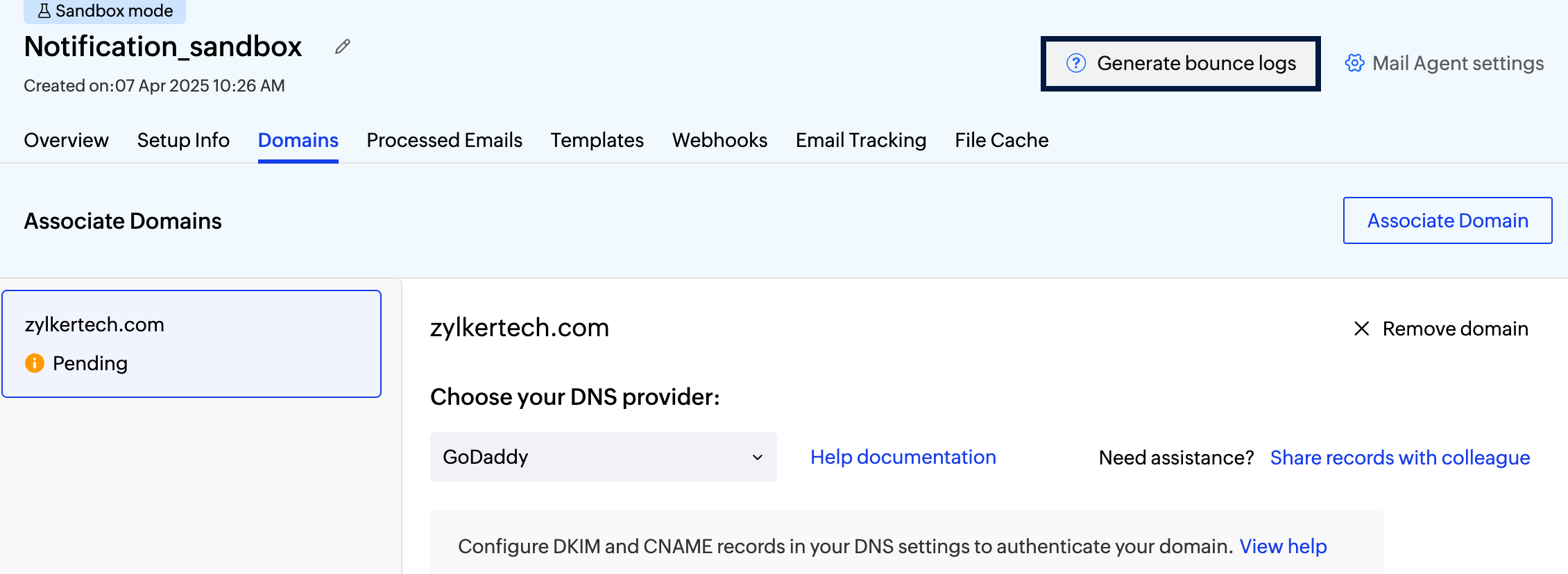 Mail Agent sandbox | Zoho ZeptoMail