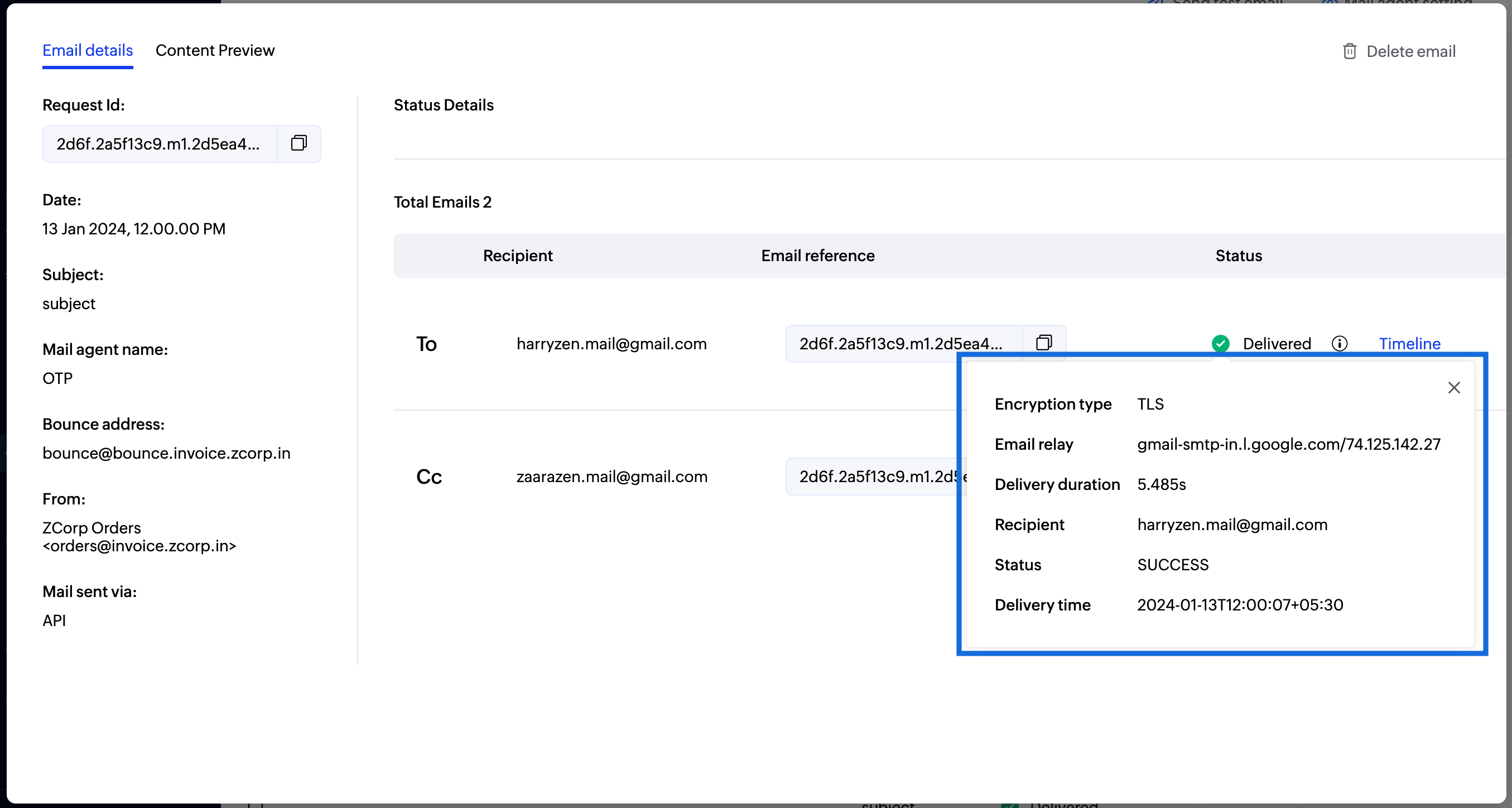 Processed Emails | Triggered Email Logs | Zoho ZeptoMail