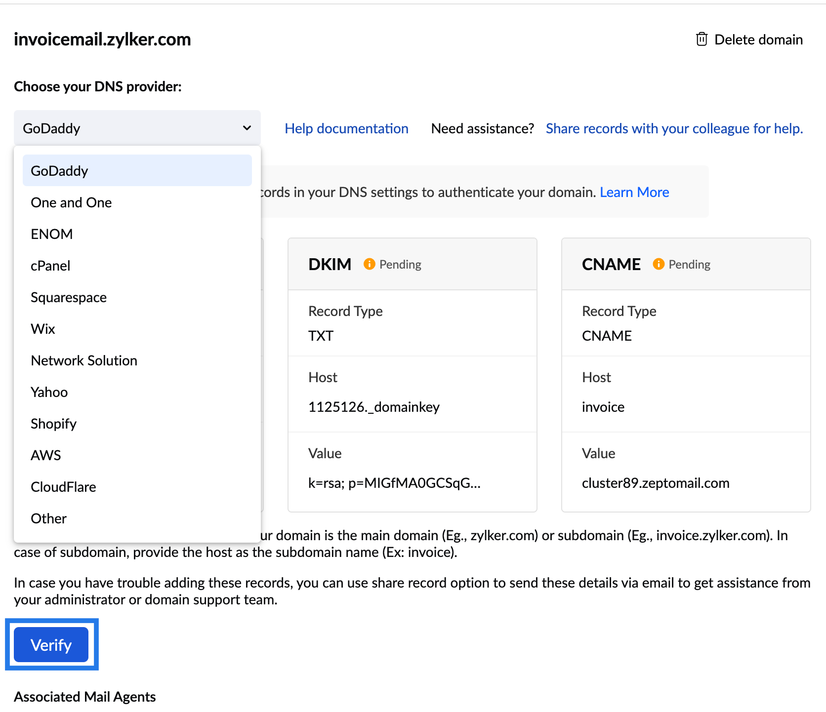 Configure GoDaddy hosted Domains in ZeptoMail | Zoho Mail